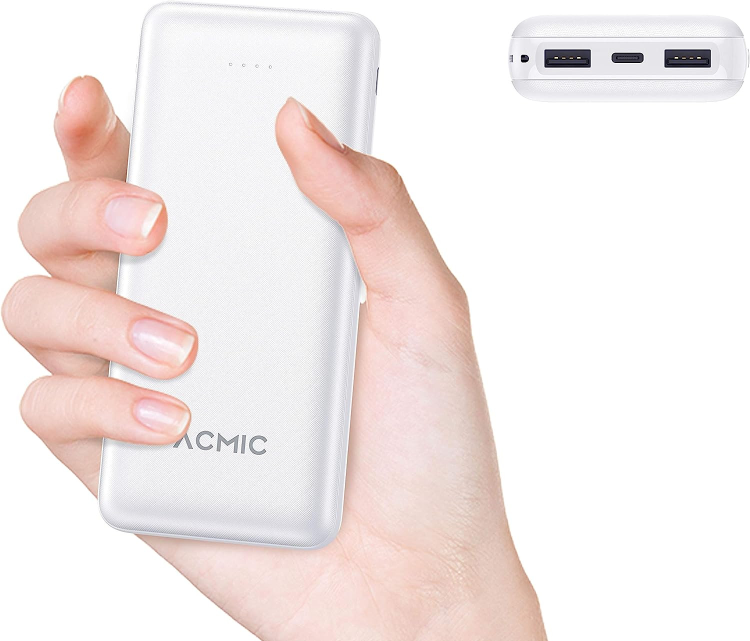 Power bank ACMIC powercore 20000mAh with Dual input ports 2 USB2.0 QI portable charge power bank for IPhone Samsung Huawei and etc white